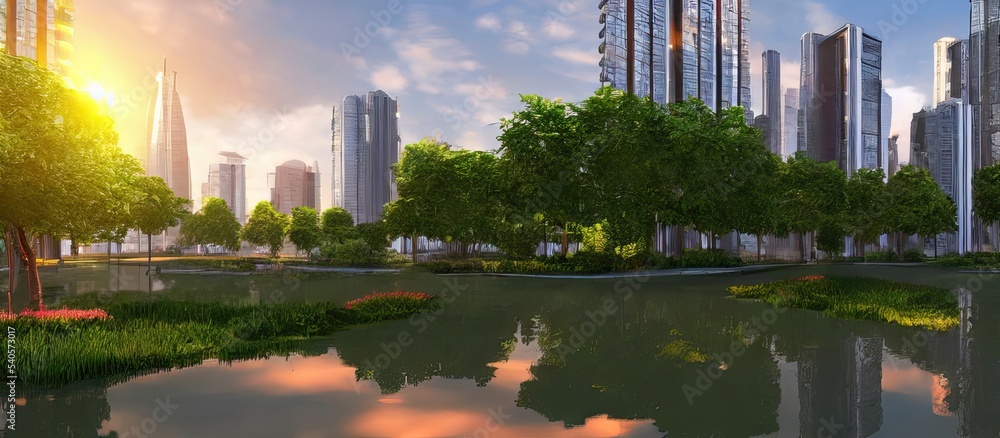 Environmentally friendly city of the future with vertical gardens and ...