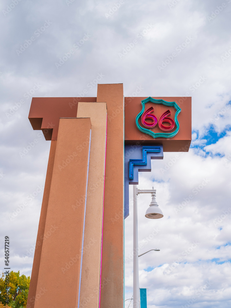 Historic Route 66 neon sign board in pink, green, and blue colors in ...