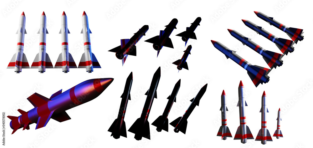 Rocket weapon. Set of rockets from different angles. Icons of nuclear ...