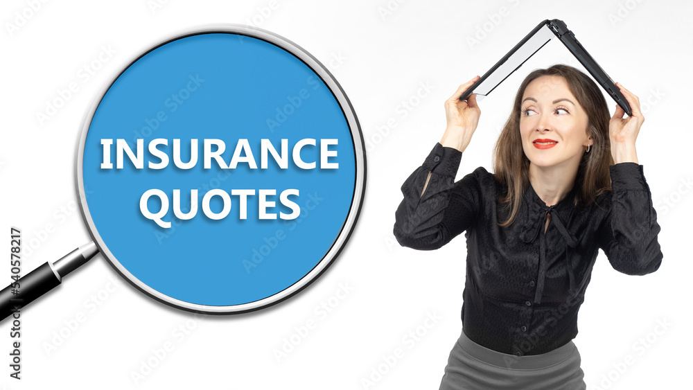 Insurance quotes. Woman covers her head with laptop. Girl is hiding ...