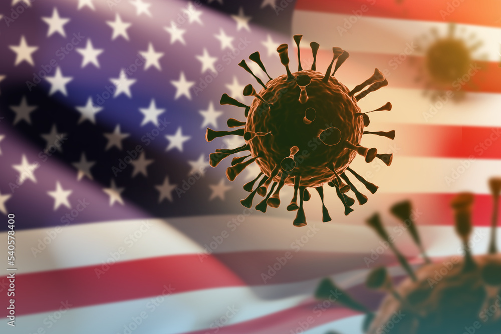 Virus epidemic in USA. Coronavirus molecules with American flag. US ...