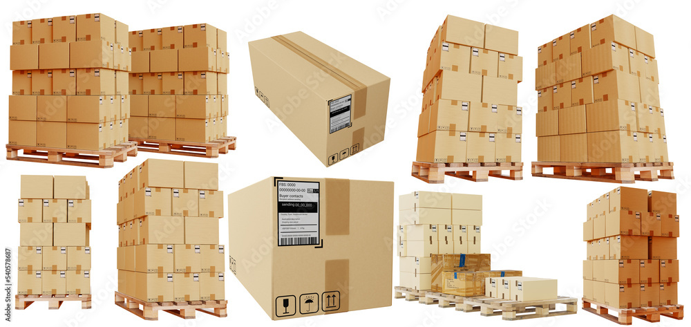 Carton boxes. Parcel set. Collection of boxes for courier business. Set ...