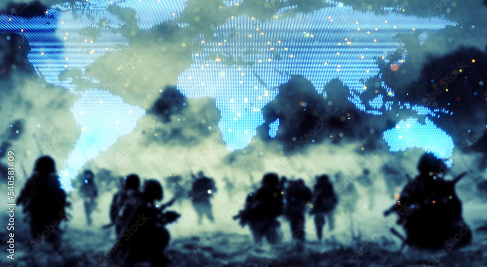 Group of army in battle field and world map concept. International ...