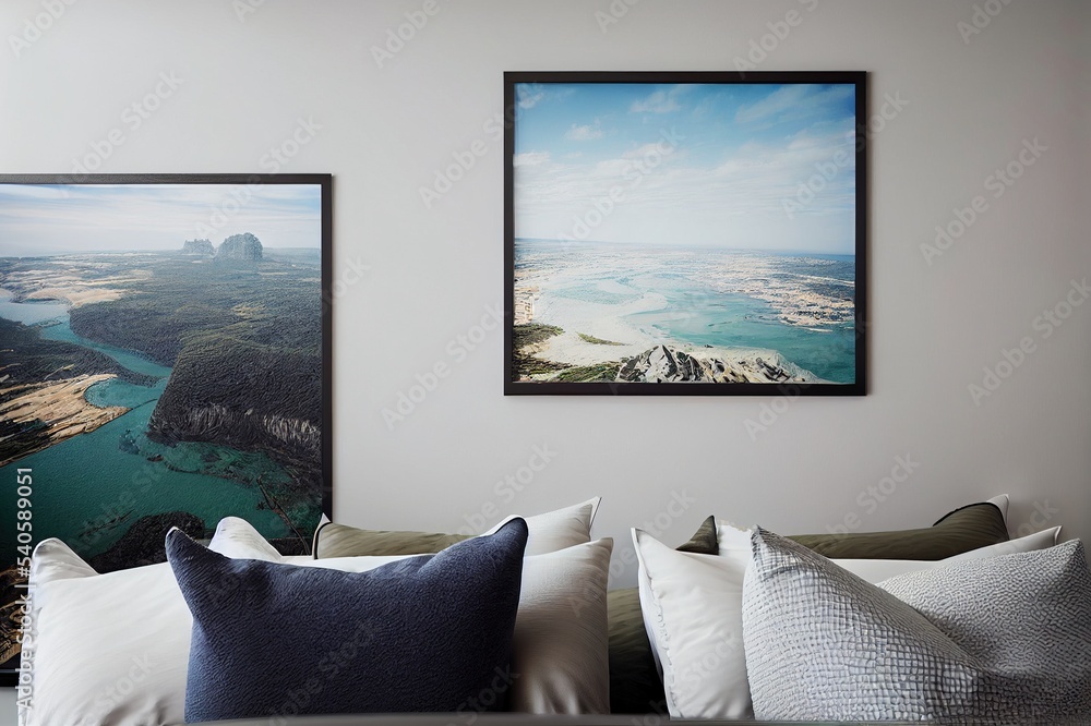 Interior poster mock up with square frame on the wall in home bedroom ...