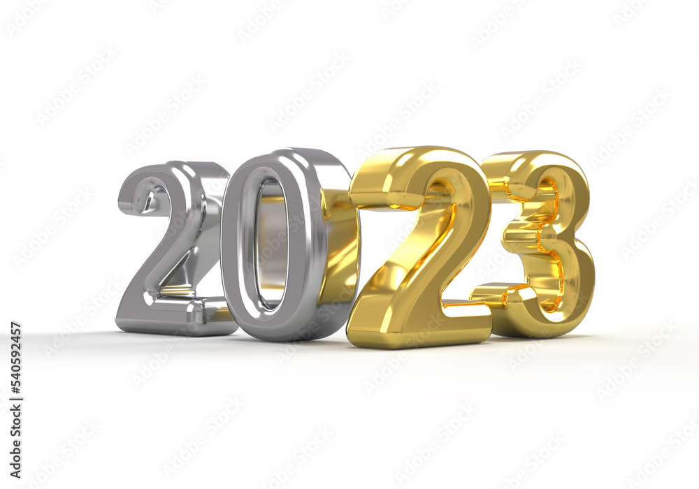 Silver and Gold 2023 3D rendering of metallic numbers isolated on a ...