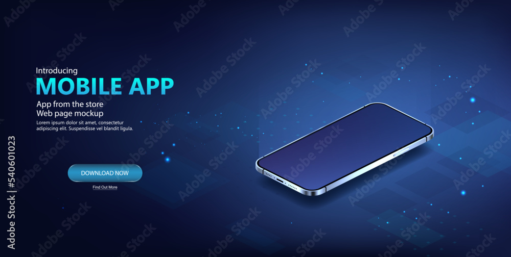 Futuristic banner with 3D realistic mobile phone with screen glow ...