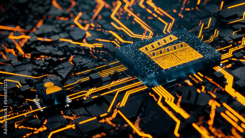 Entertainment Technology Concept with movie symbol on a Microchip ...