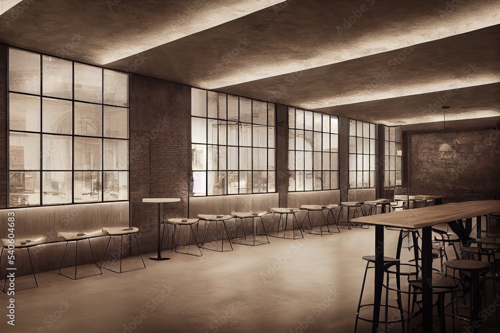 Brick and white loft bar interior with a concrete floor, a bar with ...