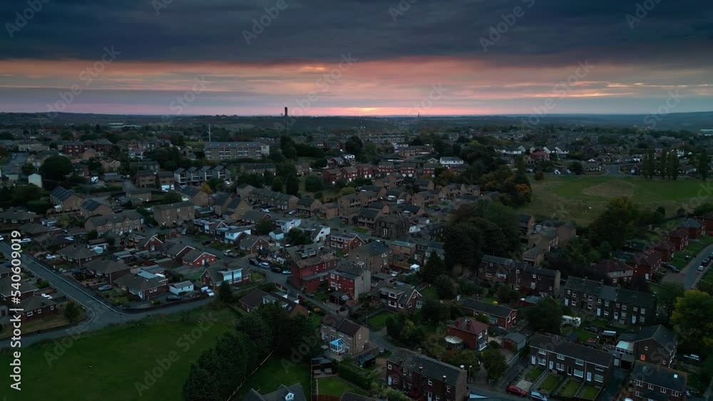 English frosty morning at early dawn, Aerial footage of a urban scene ...