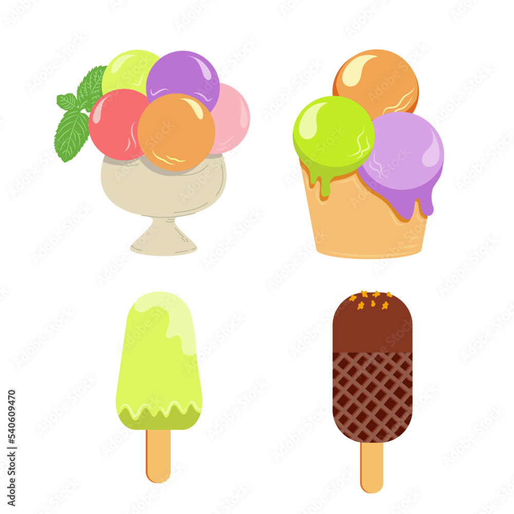 Set of ice cream balls in a cup, ice cream on a stick. Vector drawing ...