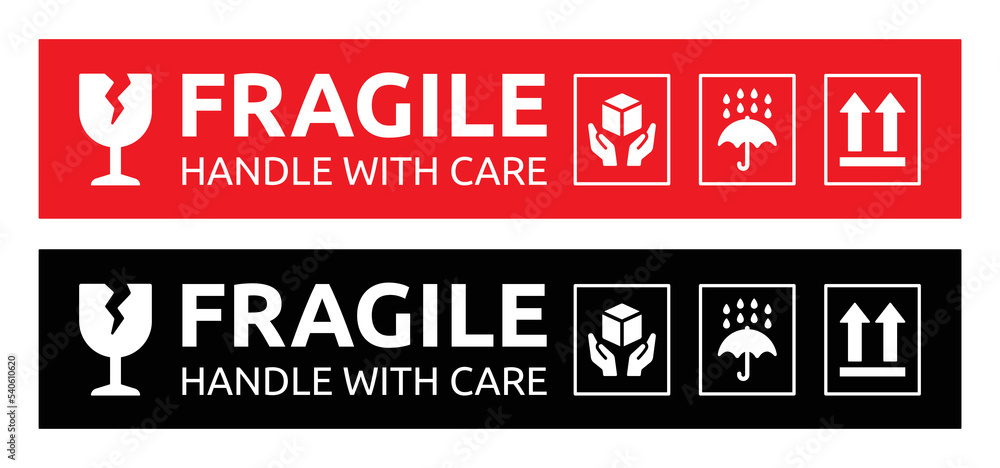 Fragile package icons set. Red and black fragile warning label design. Vector illustration ...