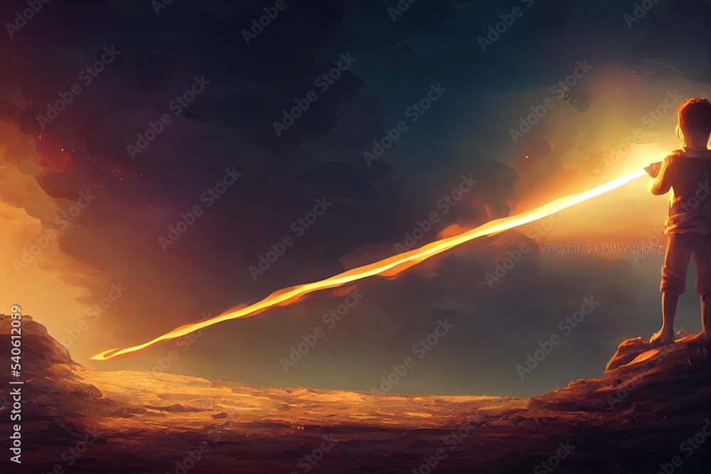 Fantasy concept showing A kid standing and holding a torch facing a ...