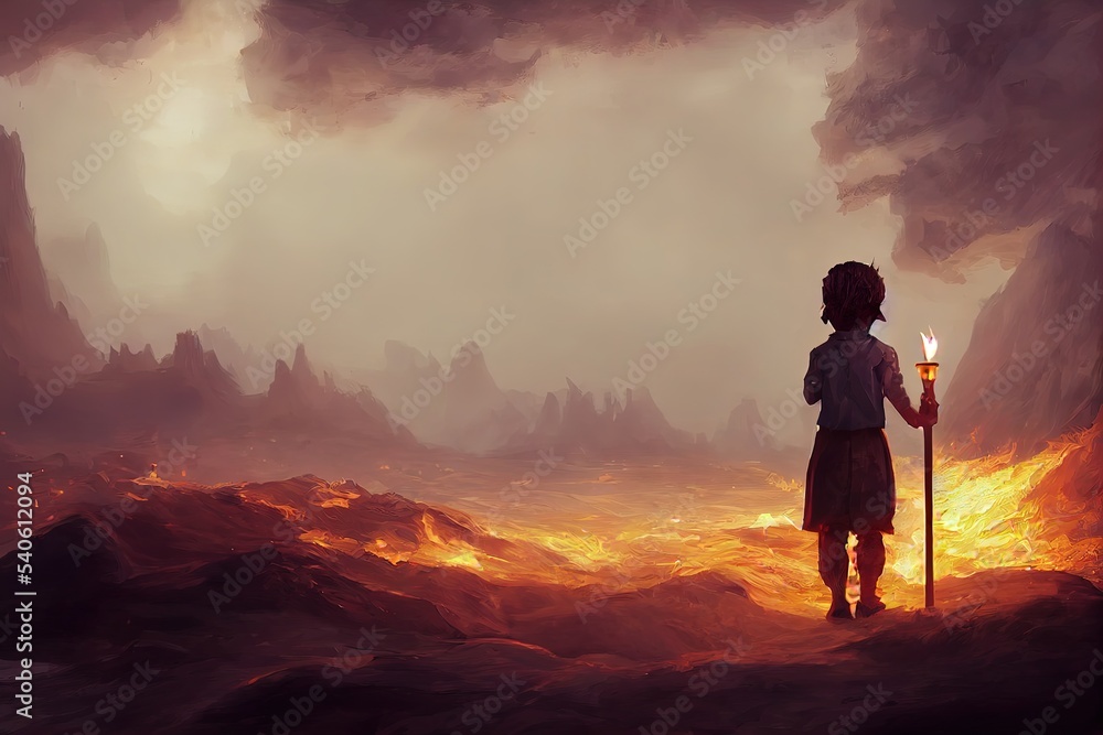 Fantasy concept showing A kid standing and holding a torch facing a ...