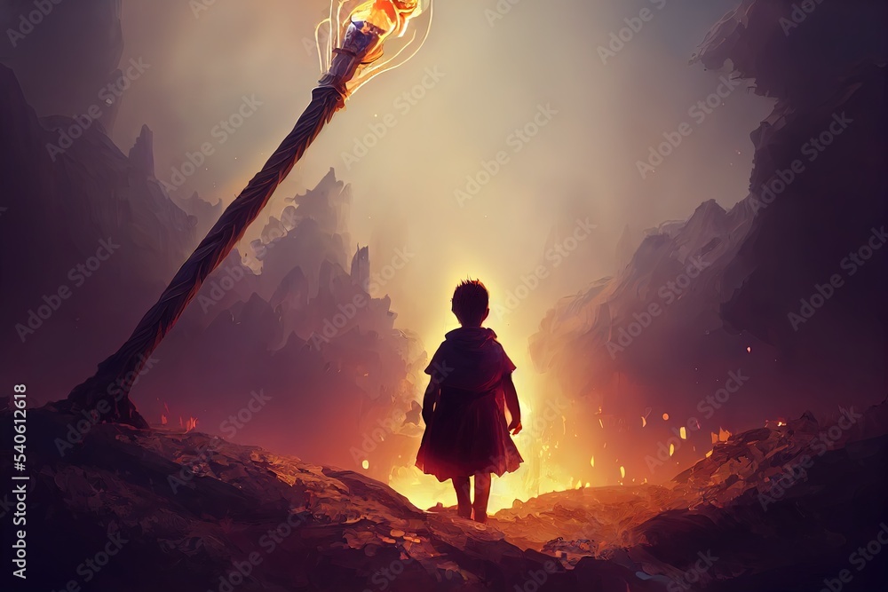 Fantasy concept showing A kid standing and holding a torch facing a ...