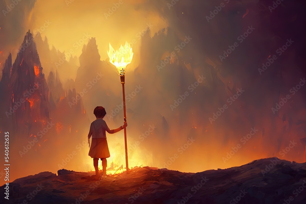 Fantasy concept showing A kid standing and holding a torch facing a ...
