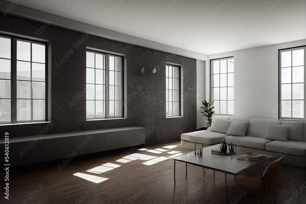 Interior design of loft with gradient from CAD blueprint to 3D ...