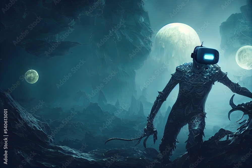 Fantasy concept showing a skull man wearing the futuristic virtual ...