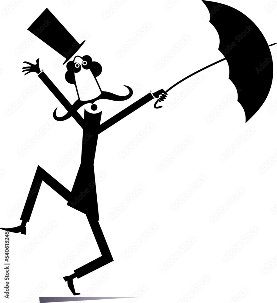 Cartoon man, umbrella and windy day isolated. Funny long mustache man ...