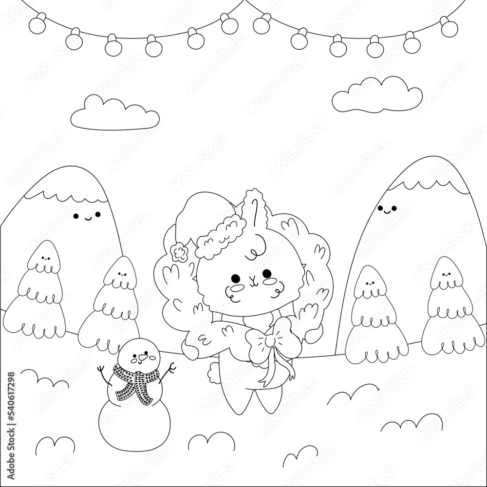 Cute outline rabbit with a Christmas wreath.Antistress coloring book ...
