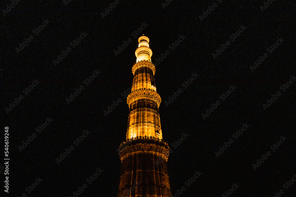 Qutub minar at night with lights Stock Photo | Adobe Stock