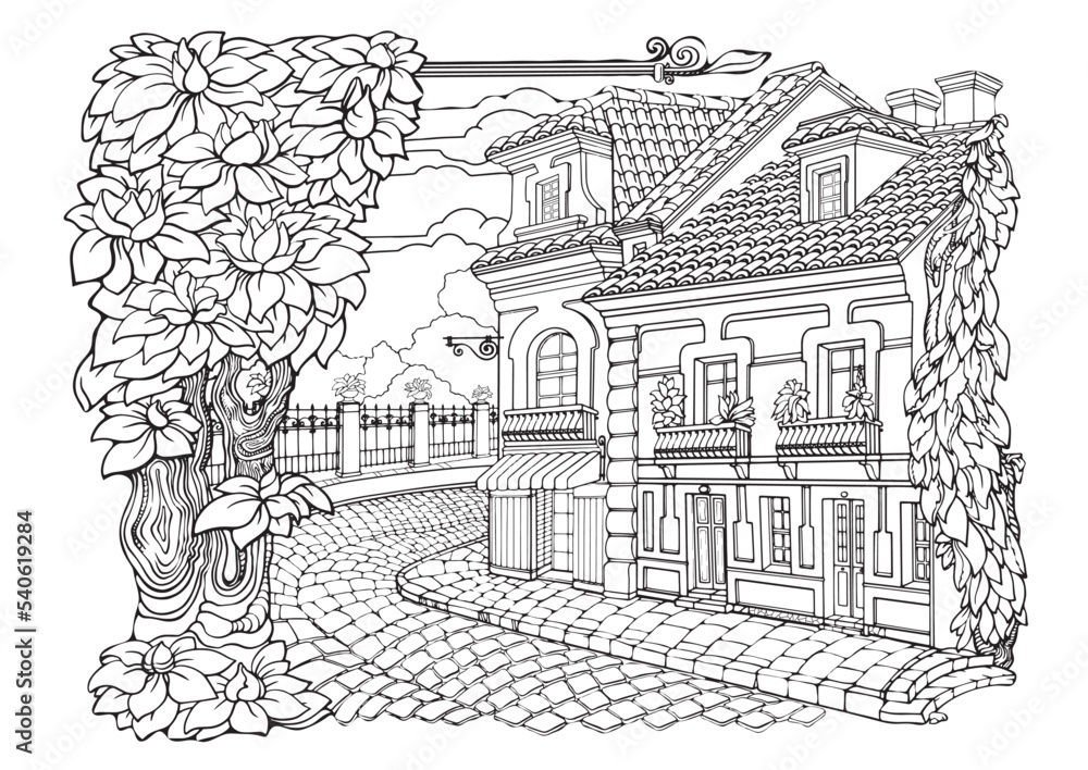 Romantic old town. Coloring Pages. Anti-stress colouring page. Vector ...