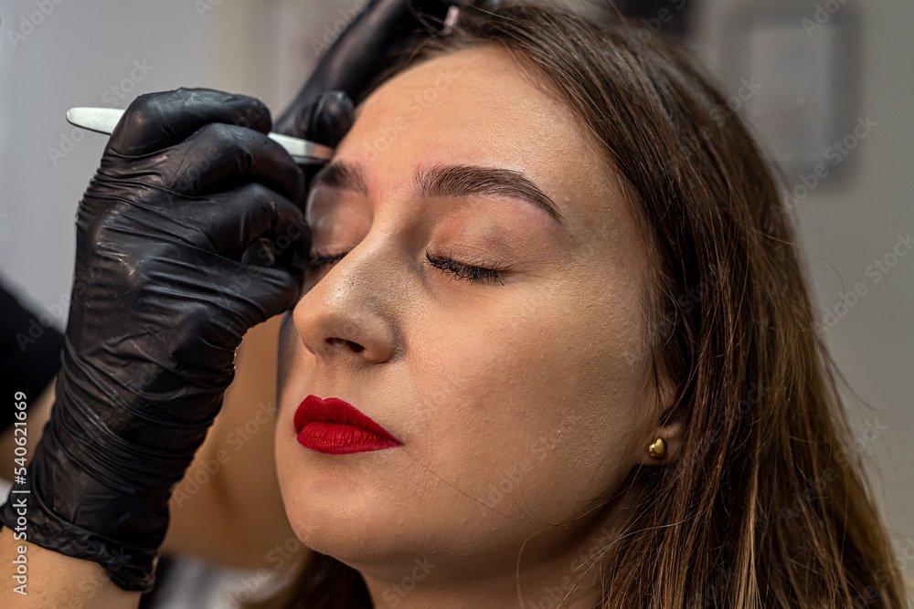 procedure of a beauty salon to paint eyebrows with brush eyebrow dye for client with lashmaker ...