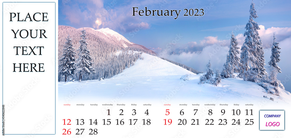 February 2023. Desktop monthly calendar template with place logo and ...