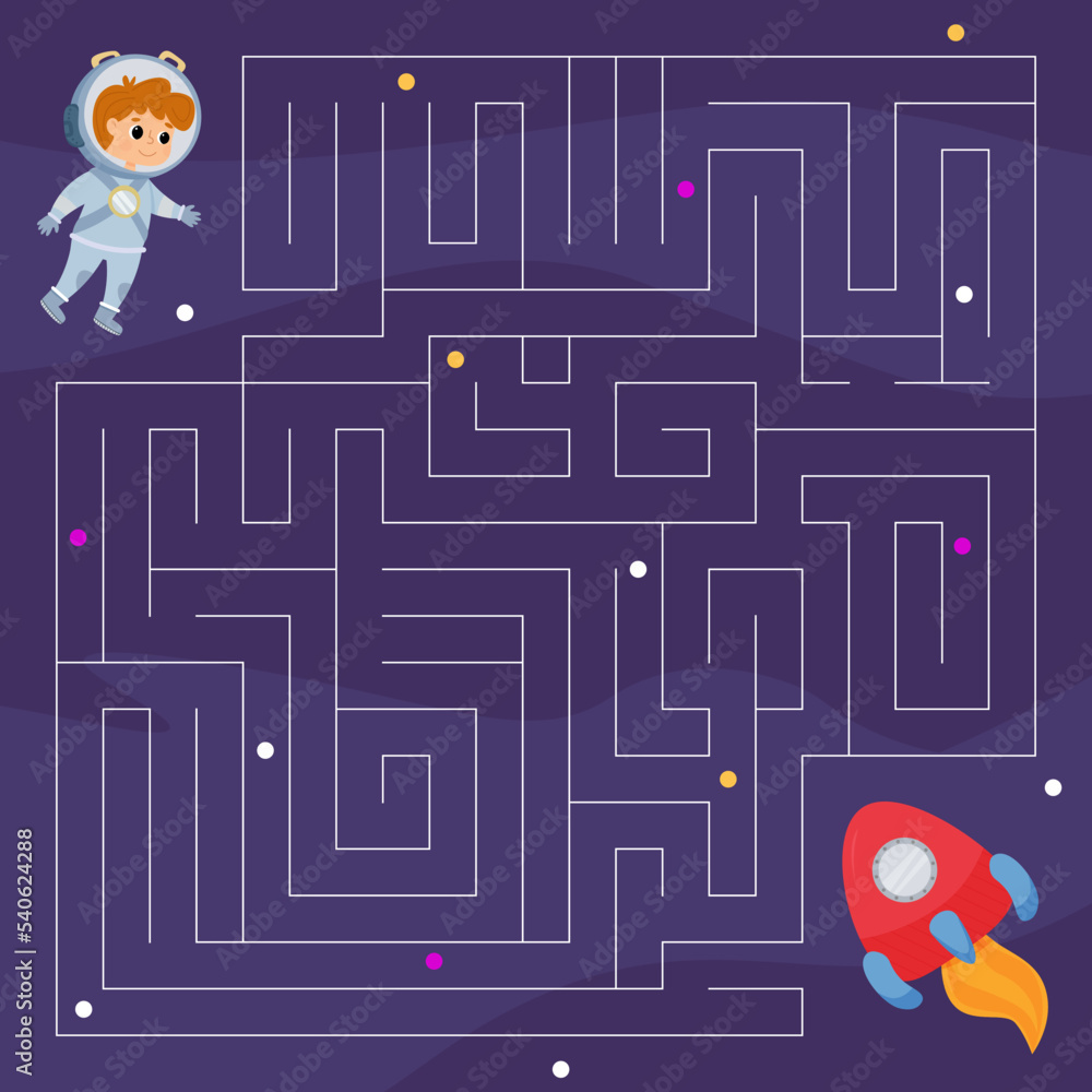 Space maze for kids with an astronaut heading for a rocket. Preschool ...