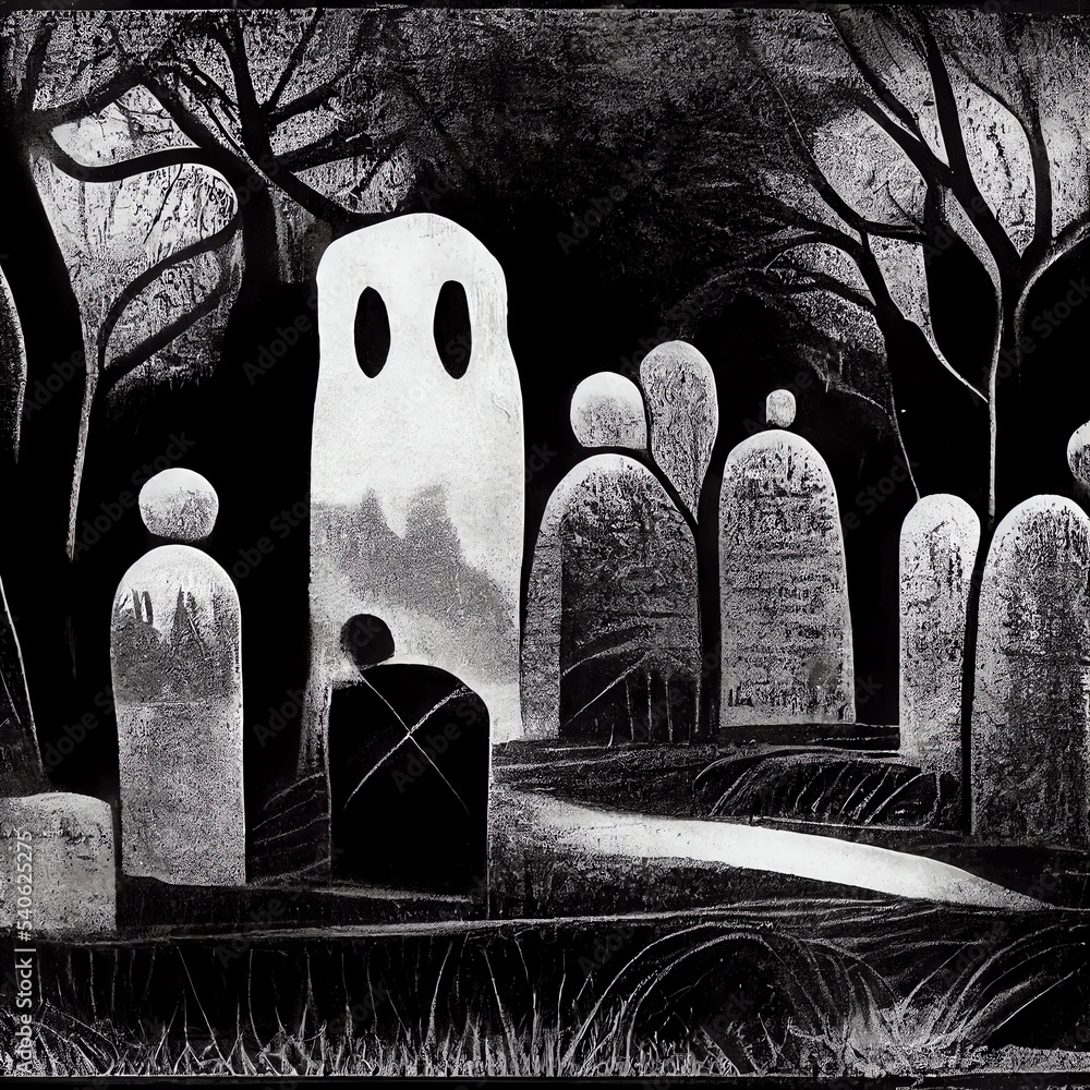 Black and white illustration. Huge white hungry ghost, spooky graveyard ...