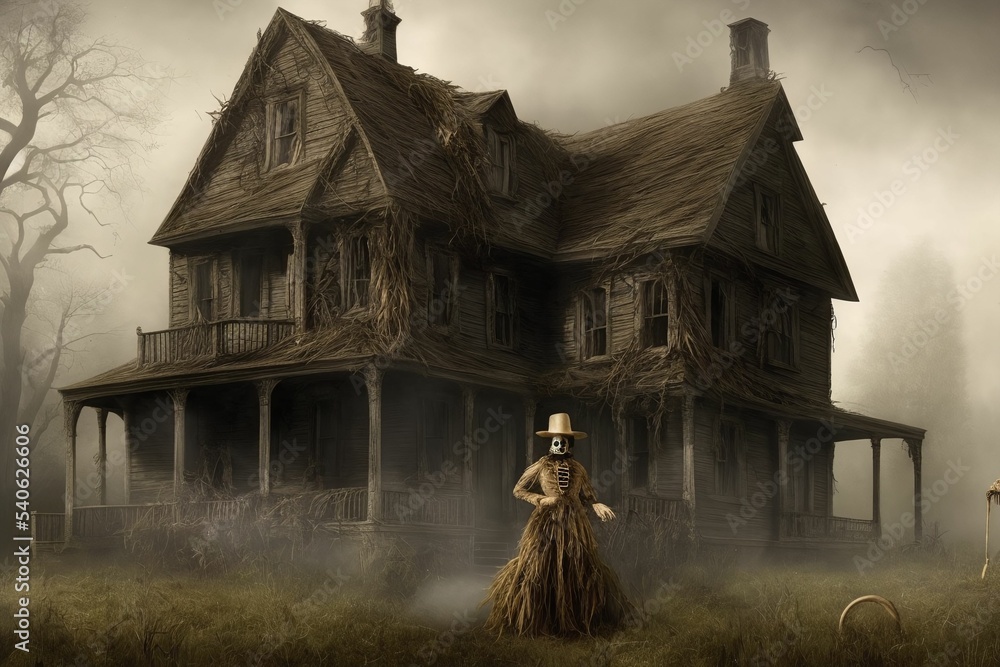 halloween haunted house from 1800s with a scarecrow in front of it and ...