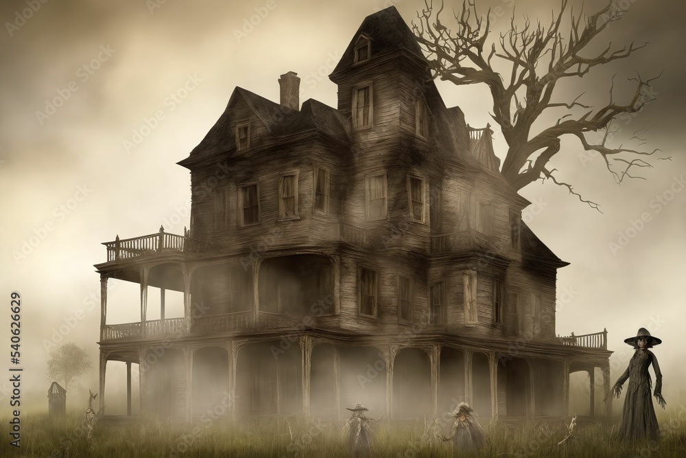 halloween haunted house from 1800s with a scarecrow standing in front ...