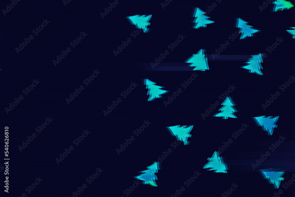Digital distorted interlaced holographic Christmas trees border. Modern ...