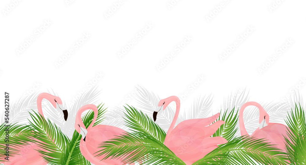 Bright tropical border with palm leaves and pink flamingos. Design for ...