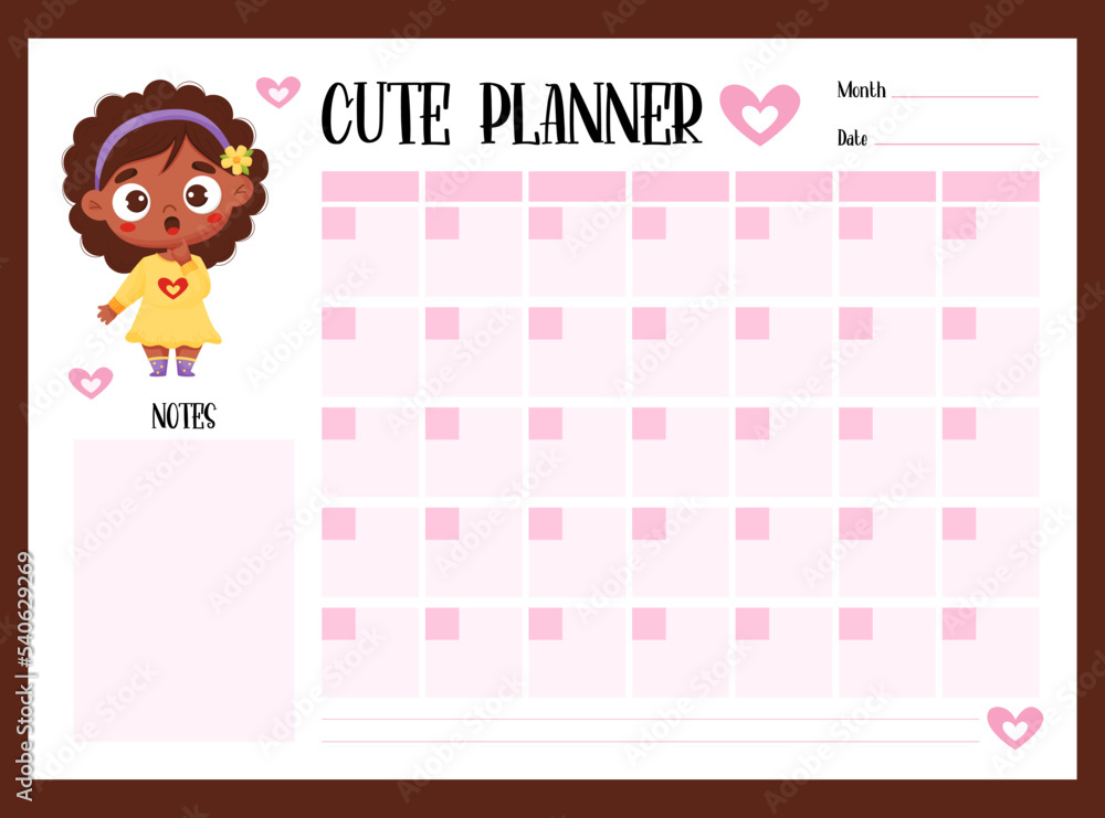 Cute kids monthly planner, to do and notes with cute black ethnic girl ...