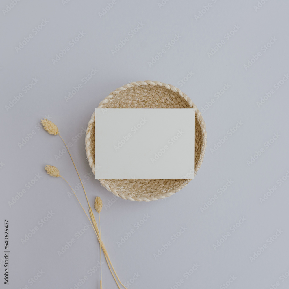 Flatlay blank paper sheet, rattan plate, rabbit tail grass stem on ...