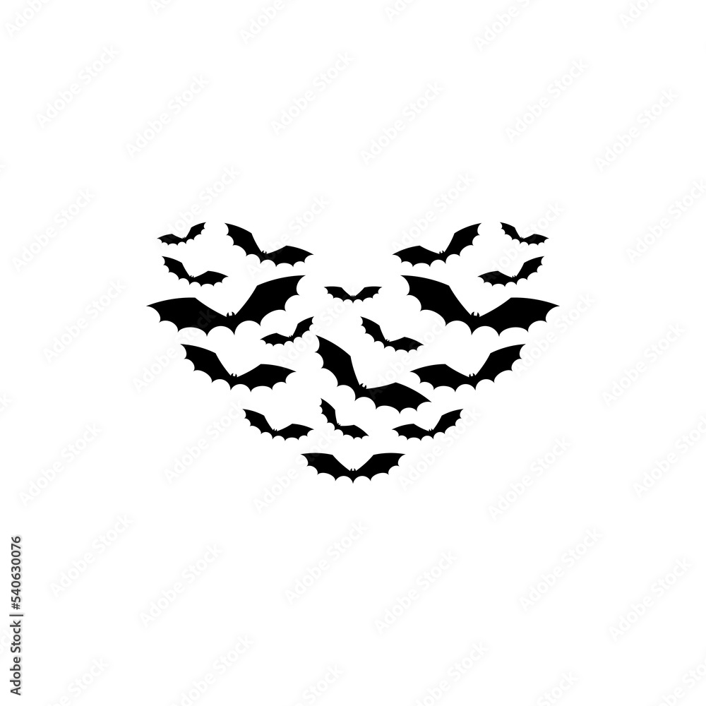 Heart made of black flying bats on white background. Halloween ...