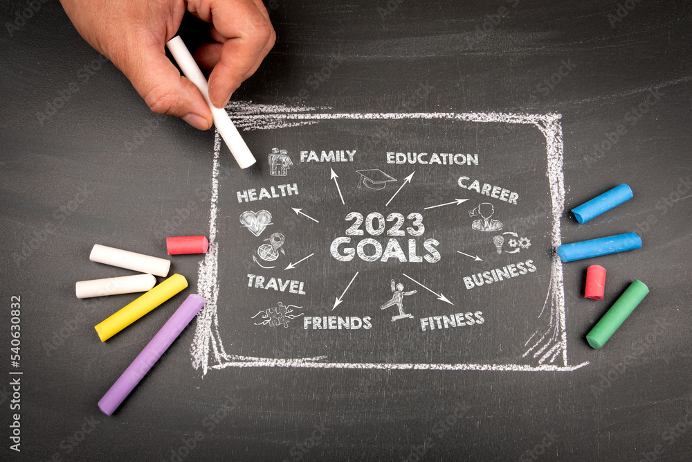2023 Goals concept. Chart and colored pieces of chalk on a chalkboard ...