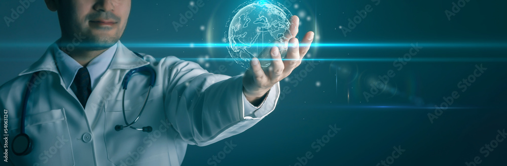 Doctor man holding global network connection. Big data patient ...