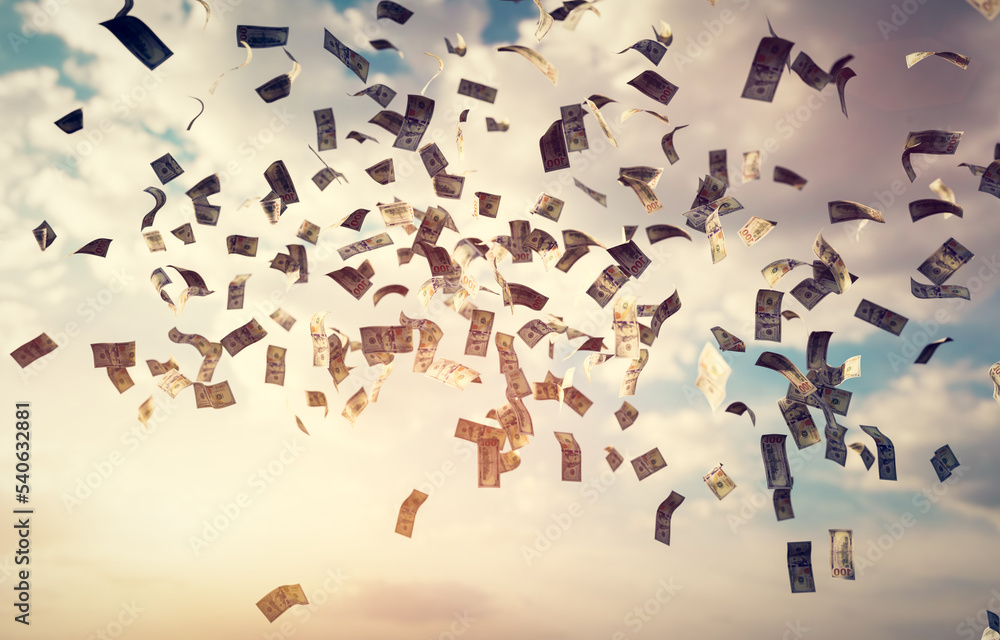 Money falling from sky - one hundred US dollar bills. Stock ...