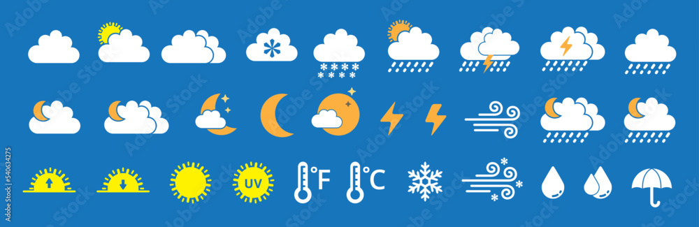 Weather icon set. Weather forecast icons for web. Simple flat symbol ...