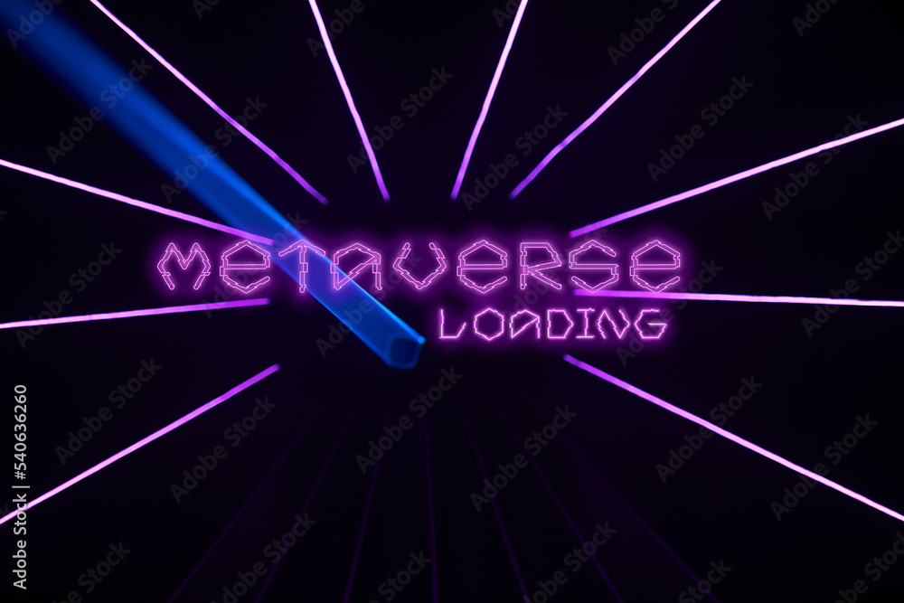 Dark background with purple laser beams and Metaverse loading. Stock ...