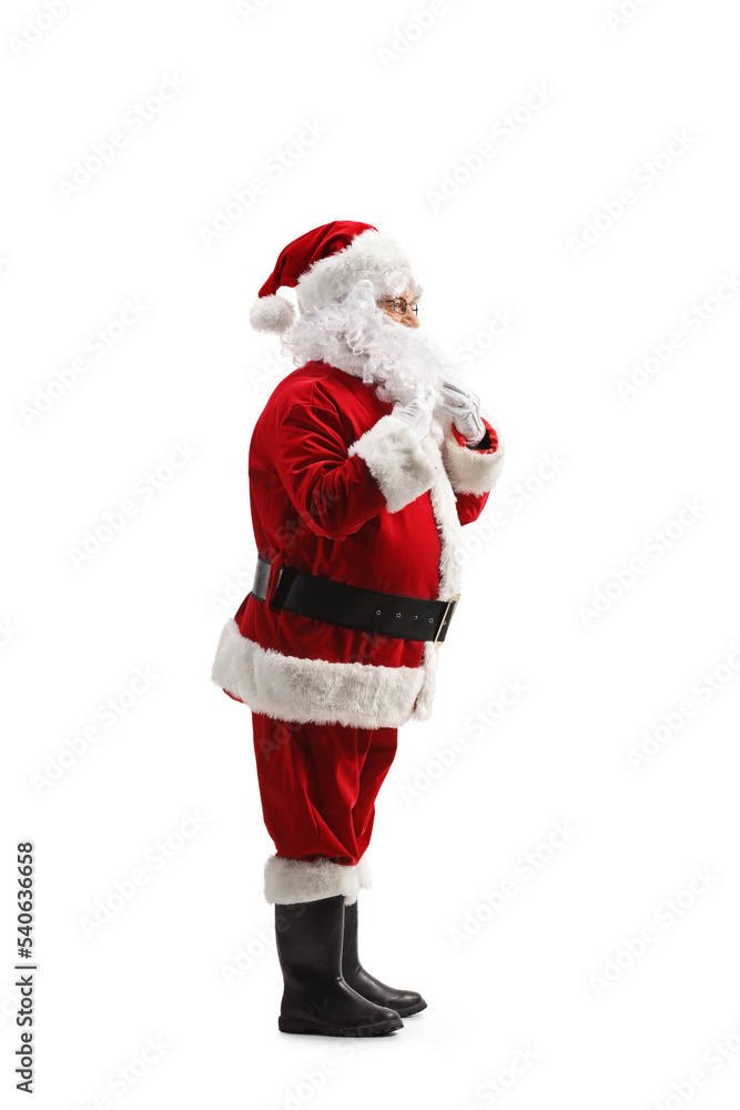 Full length profile shot of Santa Claus holding his beard Stock-Foto ...