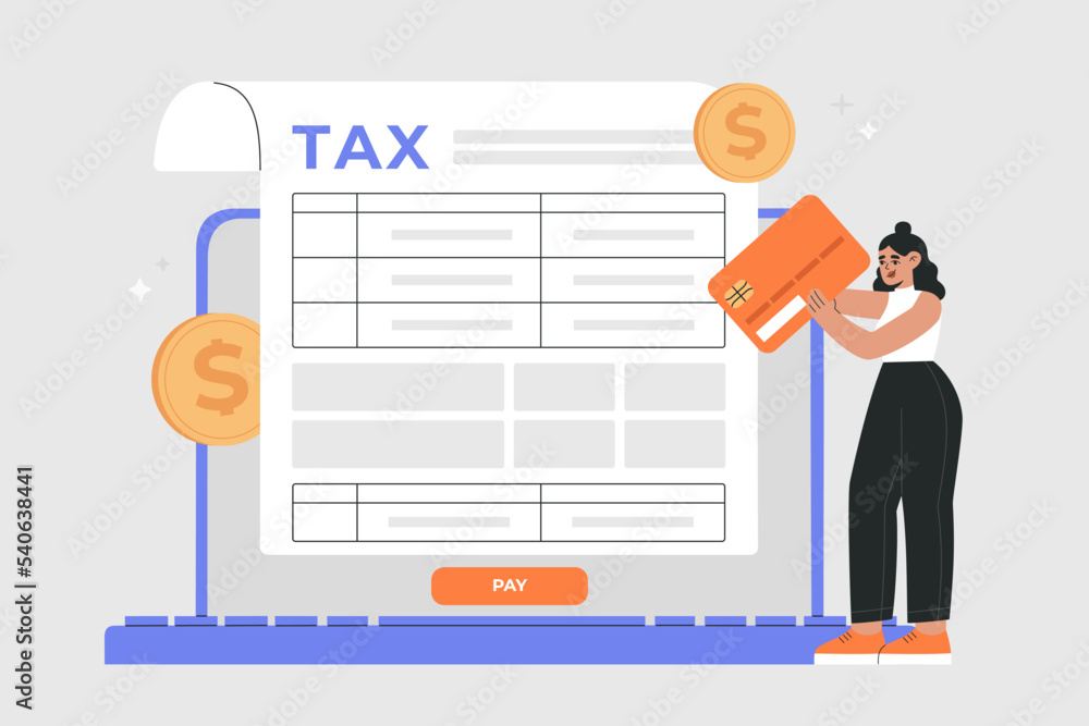 Girl with credit card in hand filling tax form using internet. Online ...