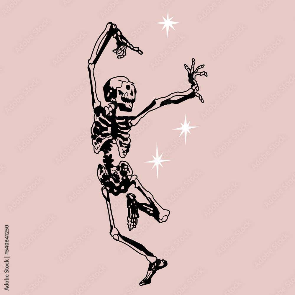 dancing skeleton.vintage illustration in linear style.typography t ...