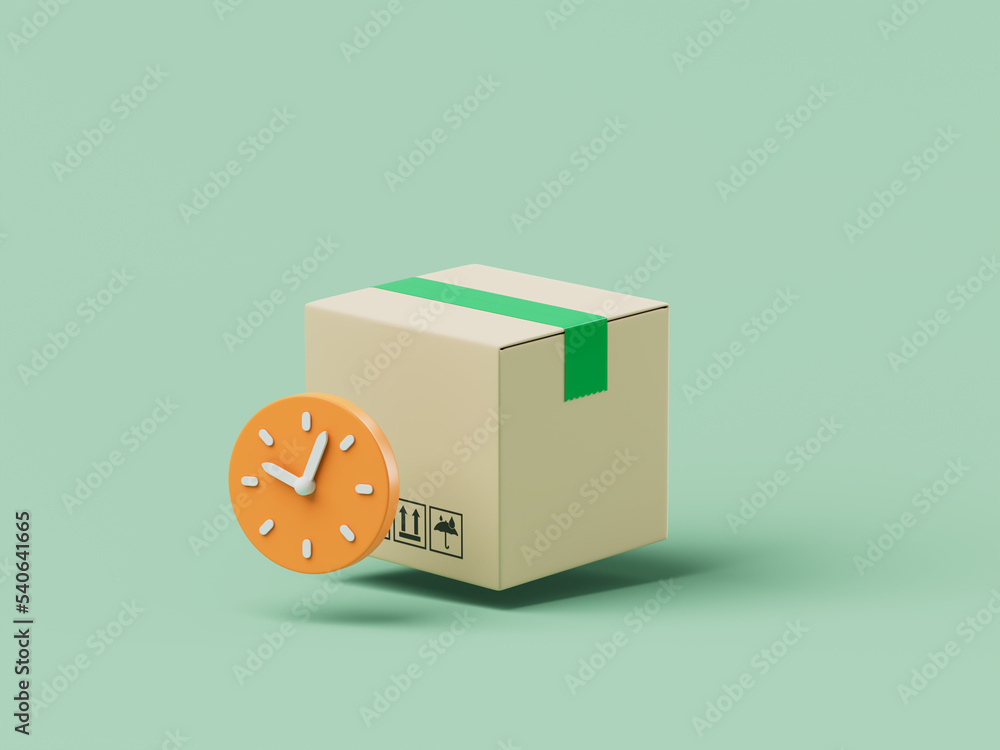 Simple cartoon delivery box with clock mark 3d render illustration ...