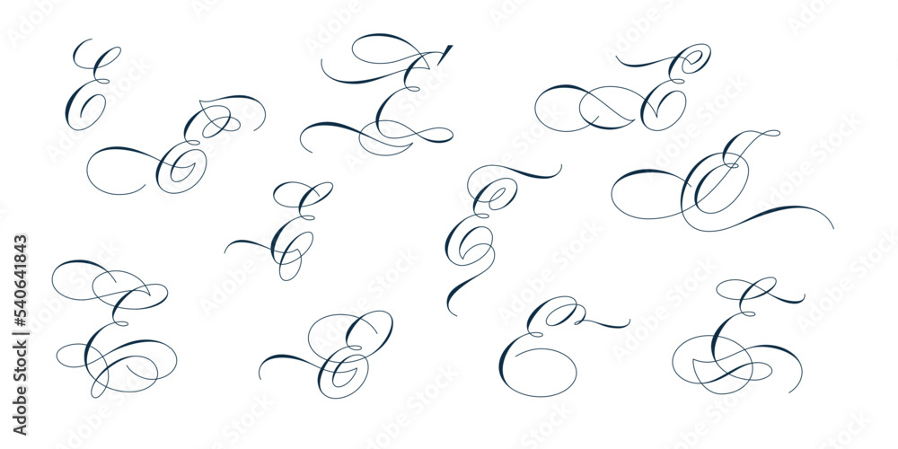 Set of beautiful calligraphic flourishes on capital letter E isolated on white background for ...