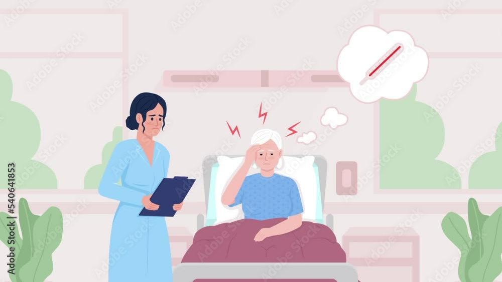 Animated inpatient care illustration. Elderly patient with high ...