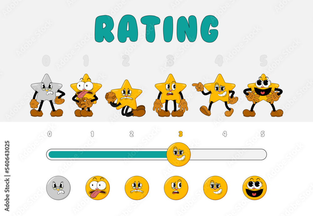Rating scale from 1 to 5 with comic stars for consumer review. Cute ...