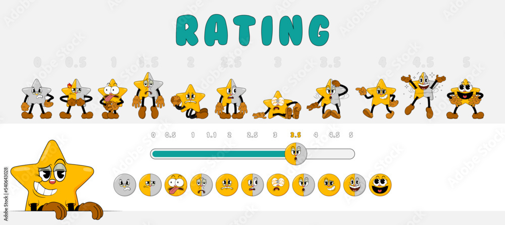 Rating scale from 1 to 5 with comic stars for consumer review. Cute ...
