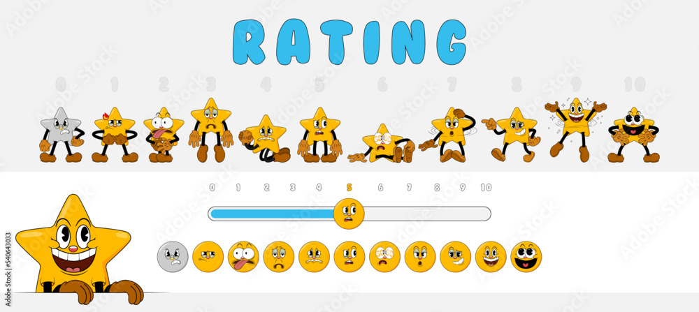 Rating scale from 1 to 10 with comic stars for consumer review. Cute ...